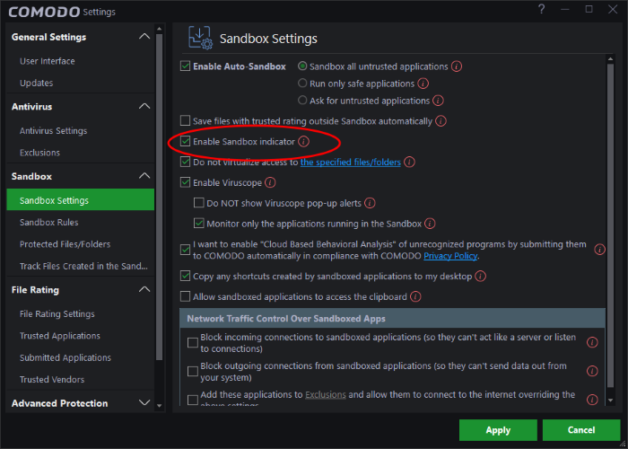 Enable/ Disable Sandbox Indicator, Network Security, Cloud Antivirus | COMODO